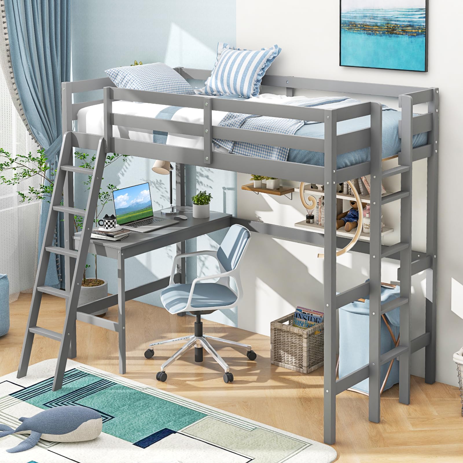 KOMFOTT Twin Size Wood Loft Bed with Desk 2 Ladders Full Length Guardrail for Kids Teens Adults Grey