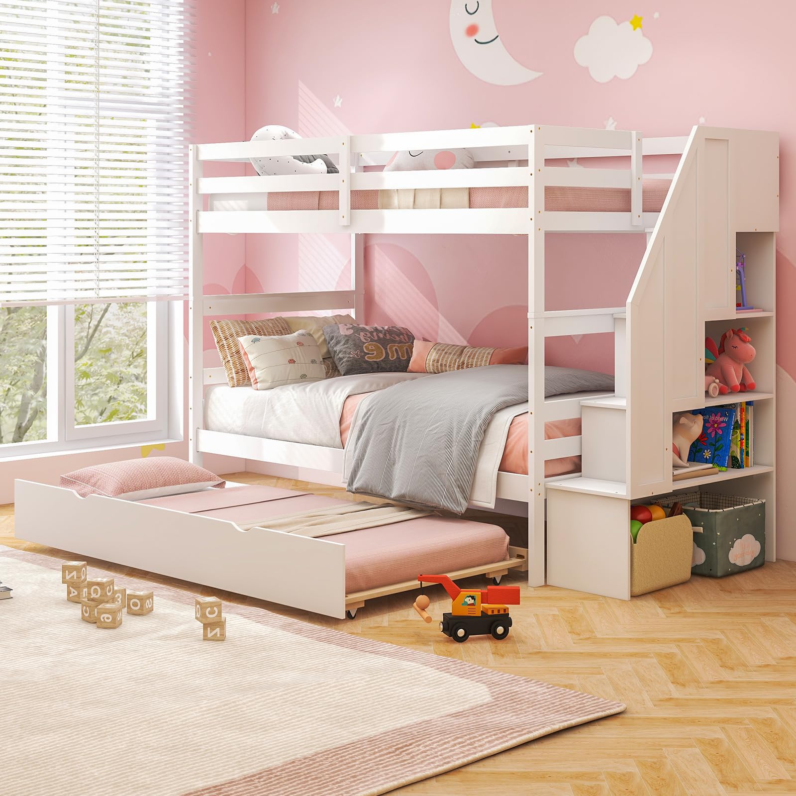 KOMFOTT Twin Over Twin Wood Bunk Bed with Trundle Storage Stairs Convertible to 2 Separated Beds Espresso Twin Over Twin Right Side stairs