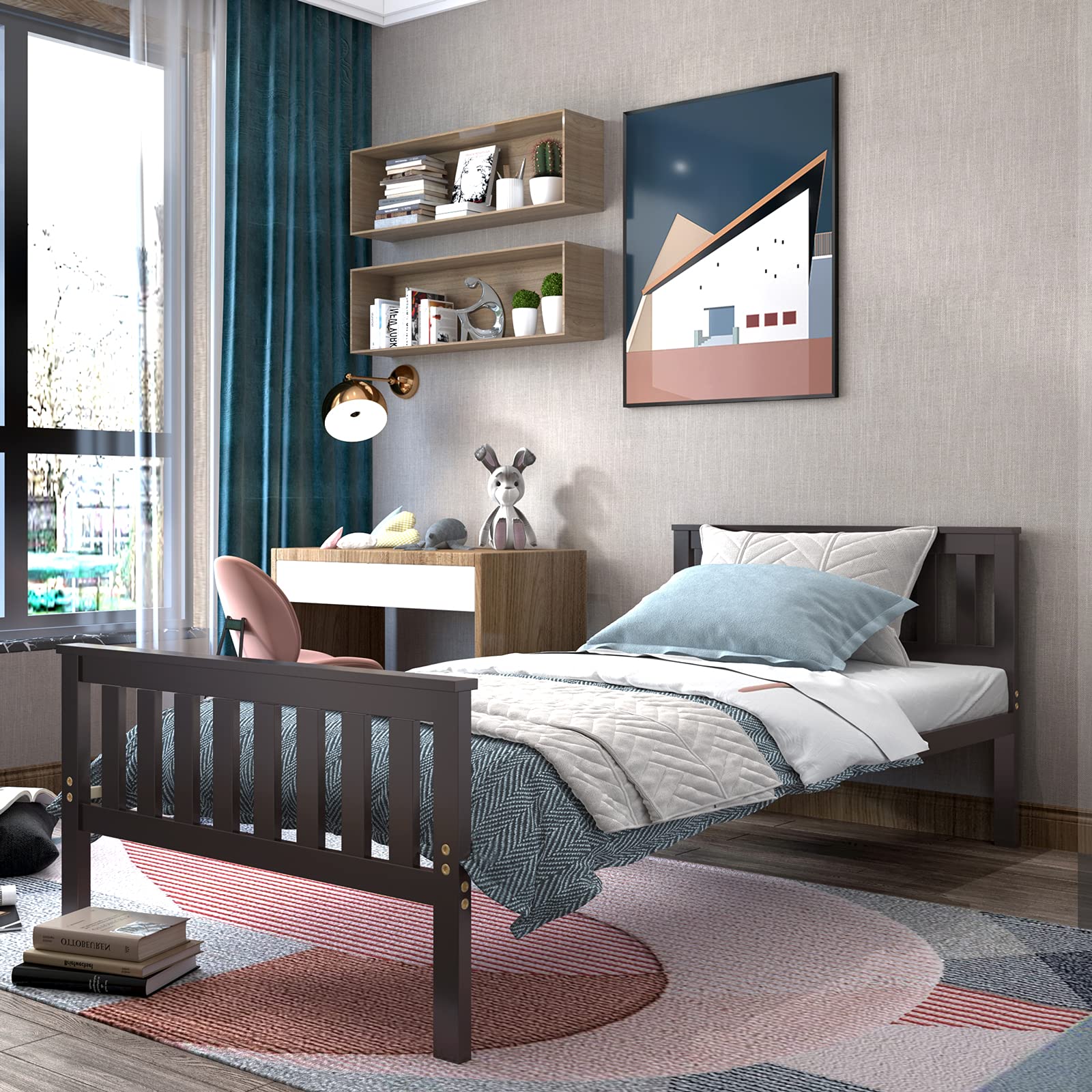 KOMFOTT Full Queen Twin Bed Frame Wood Platform Bed with Headboard 12 Inch Twin